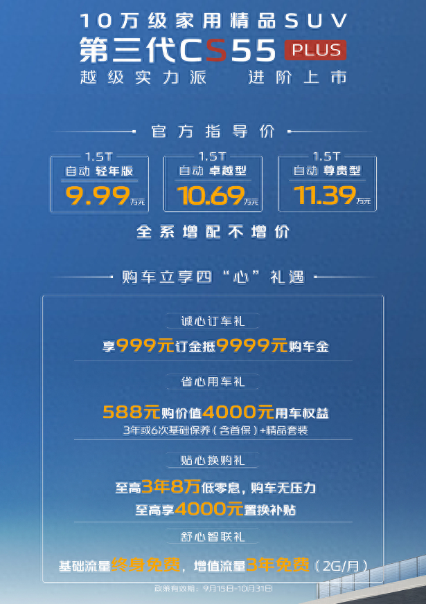 丰田锋兰达劲敌！第三代CS55PLUS上市售9.99万起，增配不增价