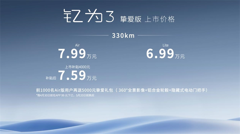 6.99万元起售/新增330km续航版本 钇为3挚爱版A0级选车绕不开的选项