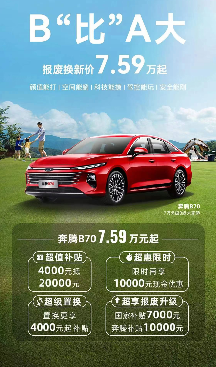 中型轿车价格门槛再刷新：奔腾B70起售价降至7.59万